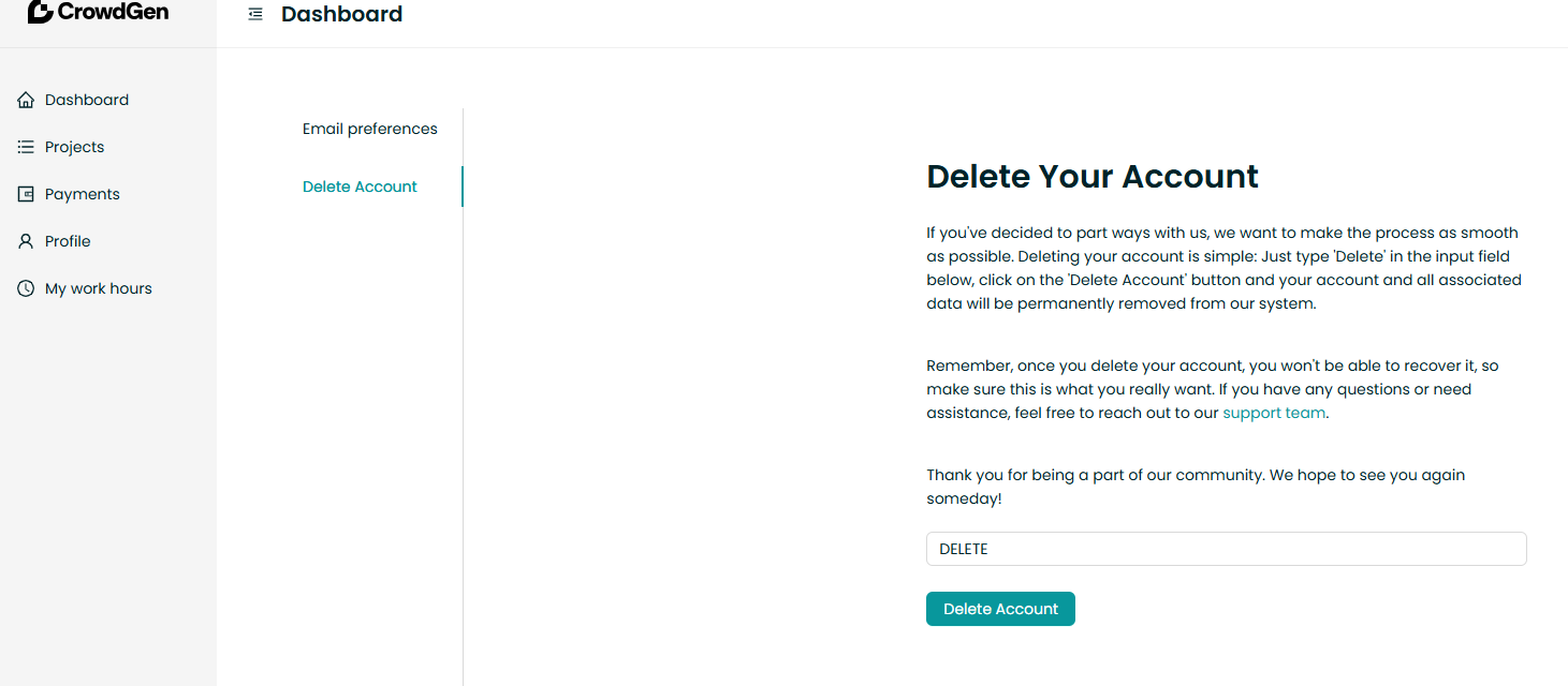 How do I delete my CrowdGen account?